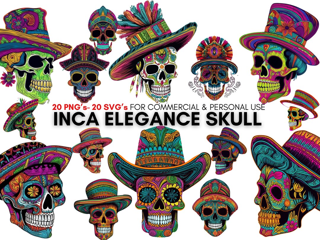 Colorful Sugar Skull Set, 20 Sugar Skull Svg's, 20 Sugar Skull Png's ...