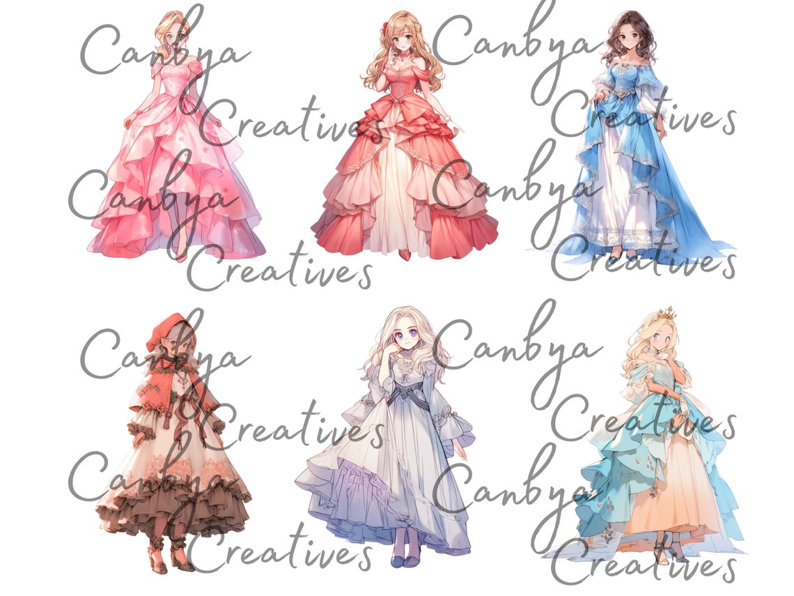 Big-eyed Ladies in Princess Dresses, Watercolor Clipart for Commercial ...