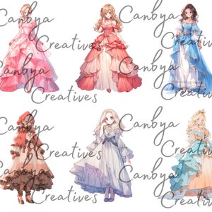Big-eyed Ladies in Princess Dresses, Watercolor Clipart for Commercial ...