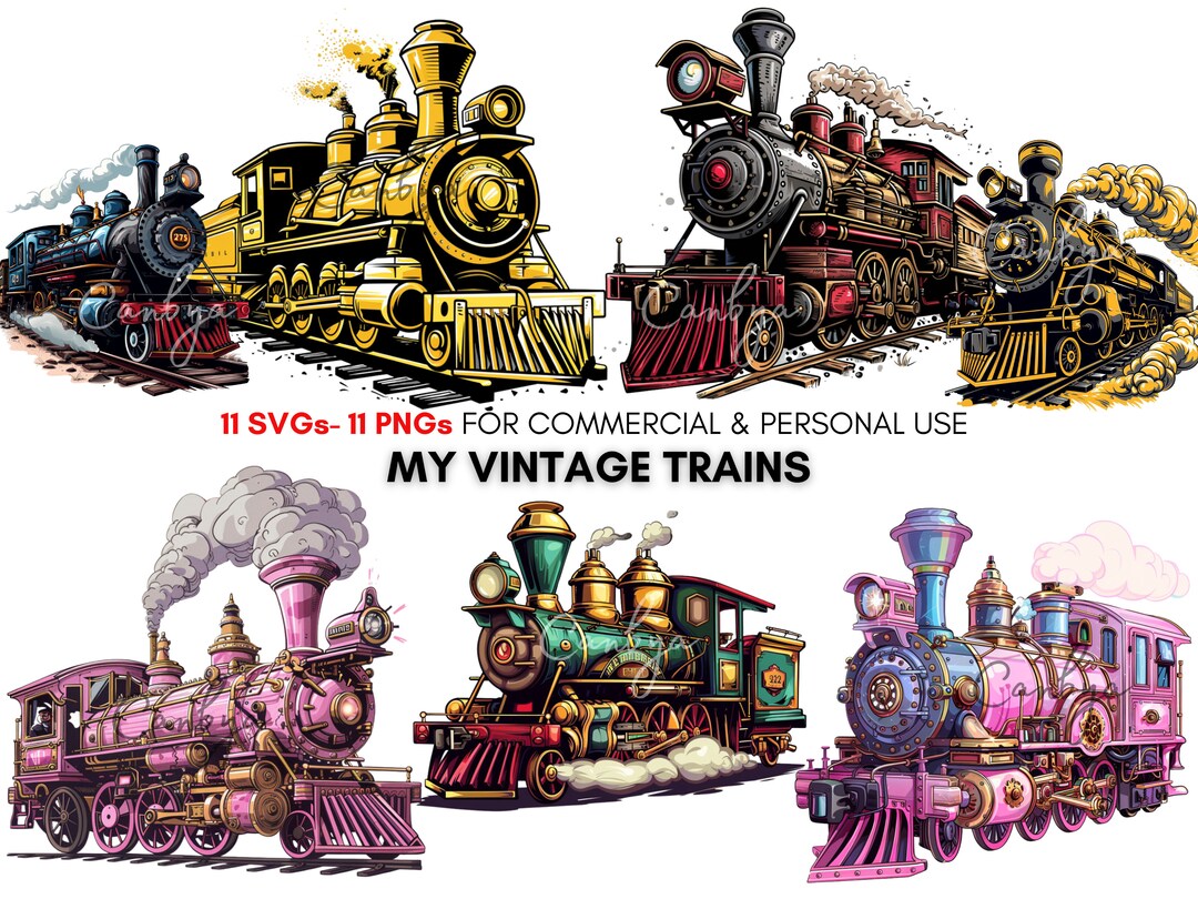 Vintage Trains Png Svg Clipart Bundle, Digital Retro Art Prints for ...