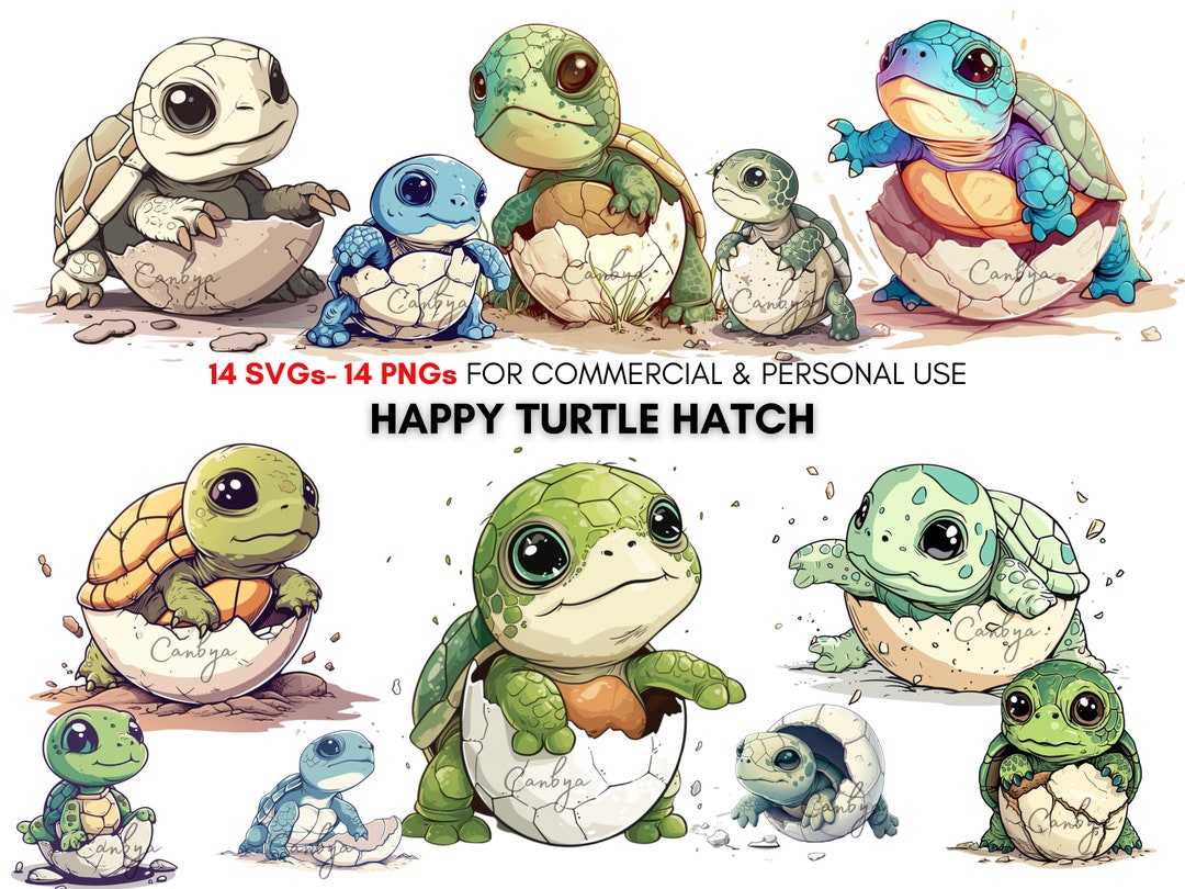 Watercolor Kawaii Baby Turtle Hatch Svg Png Cliparts, Cute Big-eyed ...