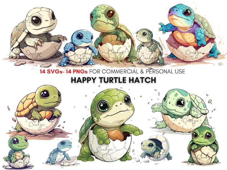 Watercolor Kawaii Baby Turtle Hatch Svg Png Cliparts, Cute Big-eyed ...