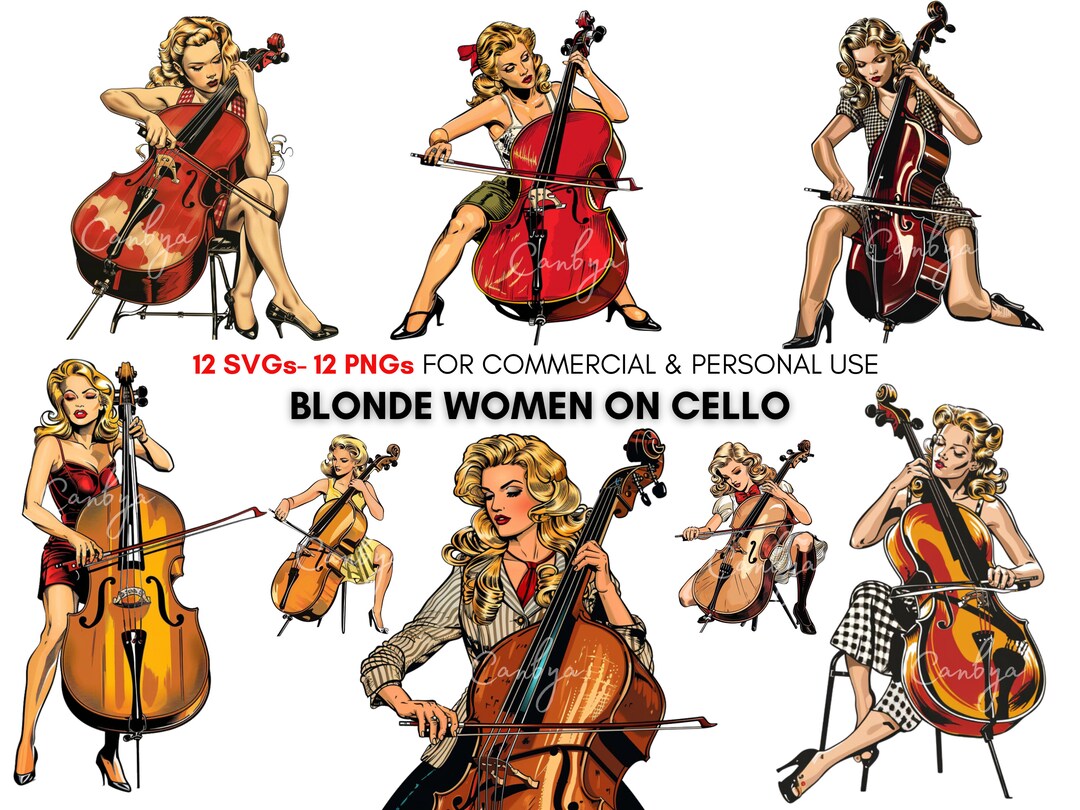 Retro Blonde Women on Cello Png Svg Clipart Bundle, Fashion Musician ...