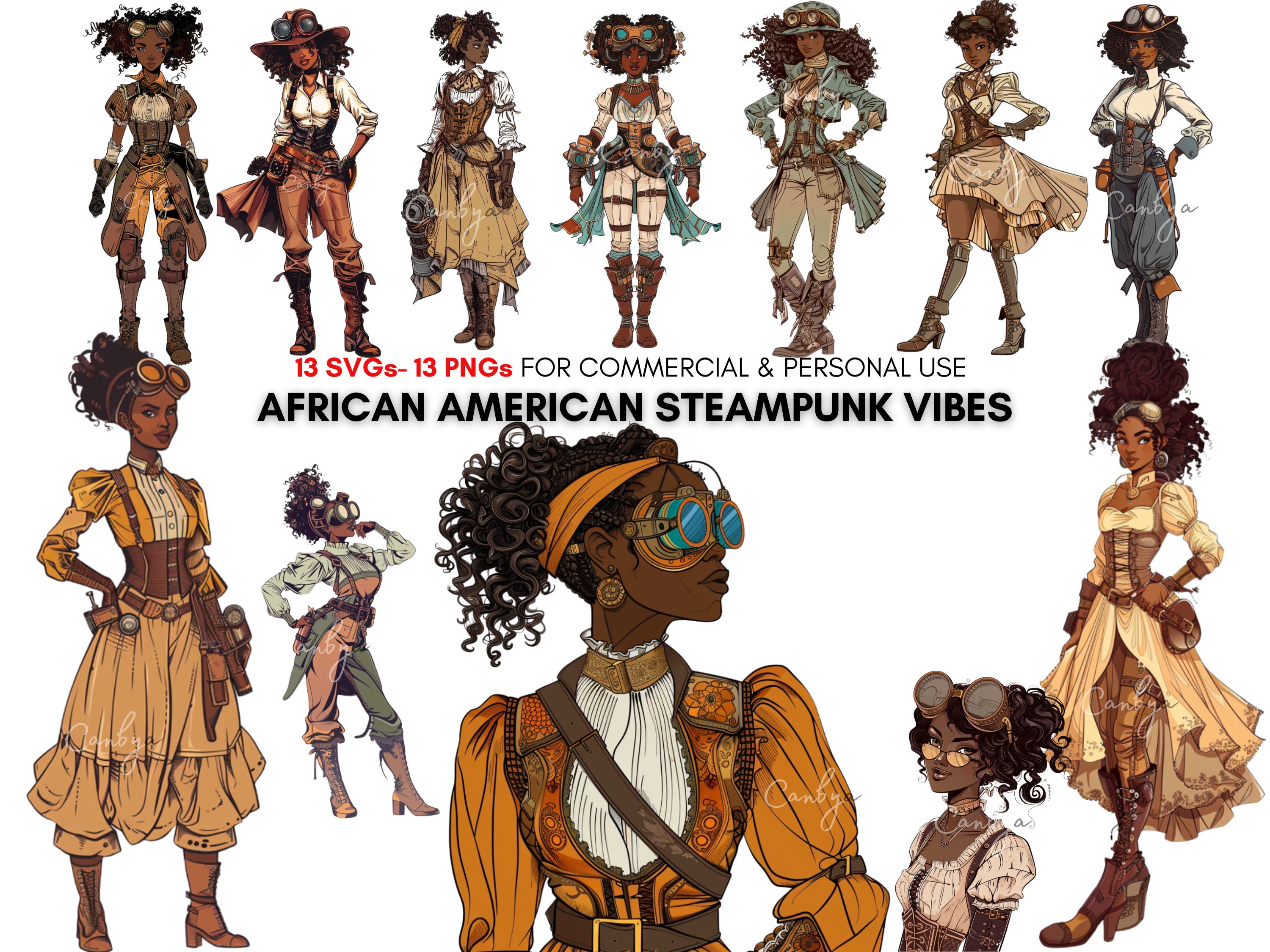 Retro African American Steampunk Girls Clipart Prints, Vintage Black ...