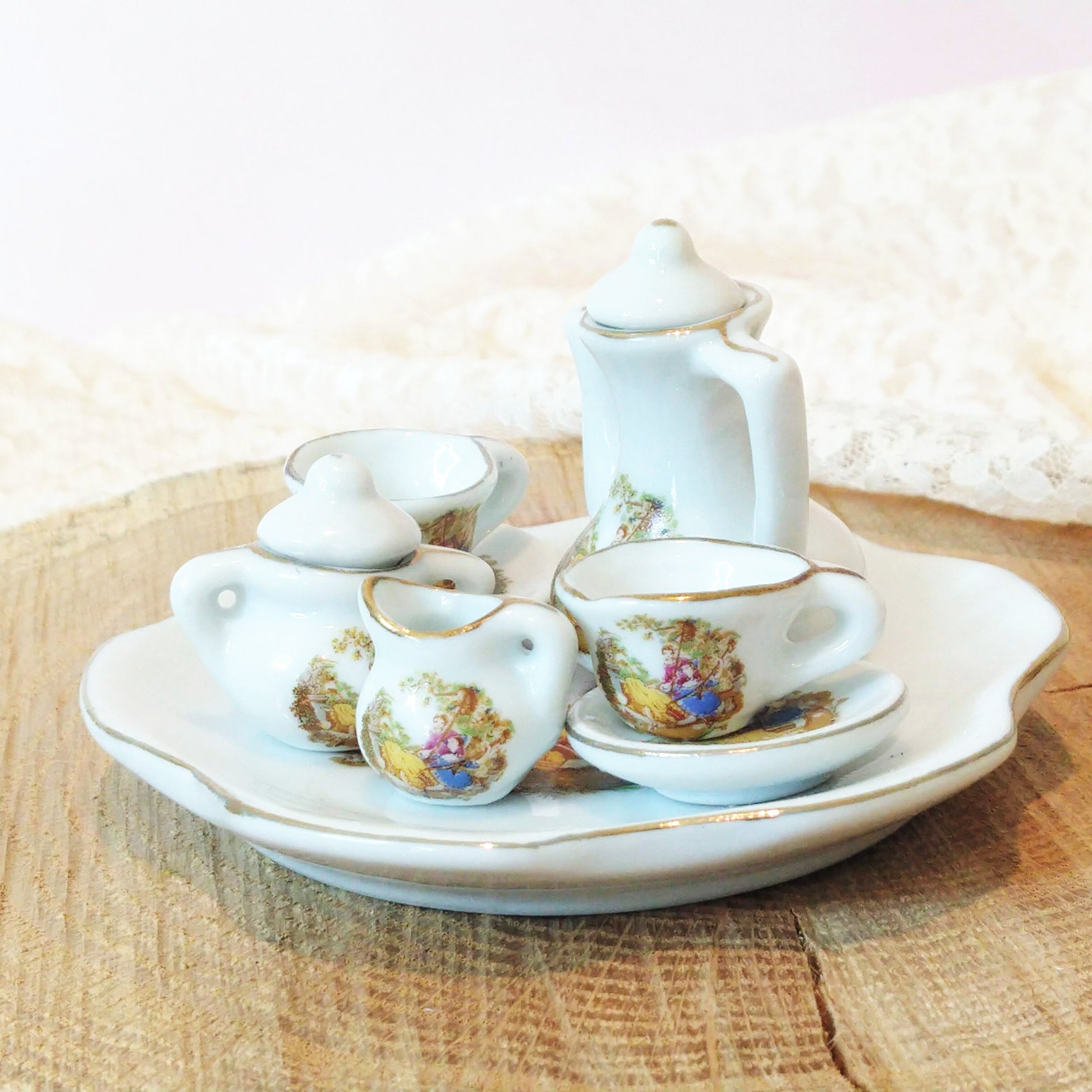 Vintage Dollhouse Miniature Tea Set, 10 Piece Set, Gold Trimmed ...