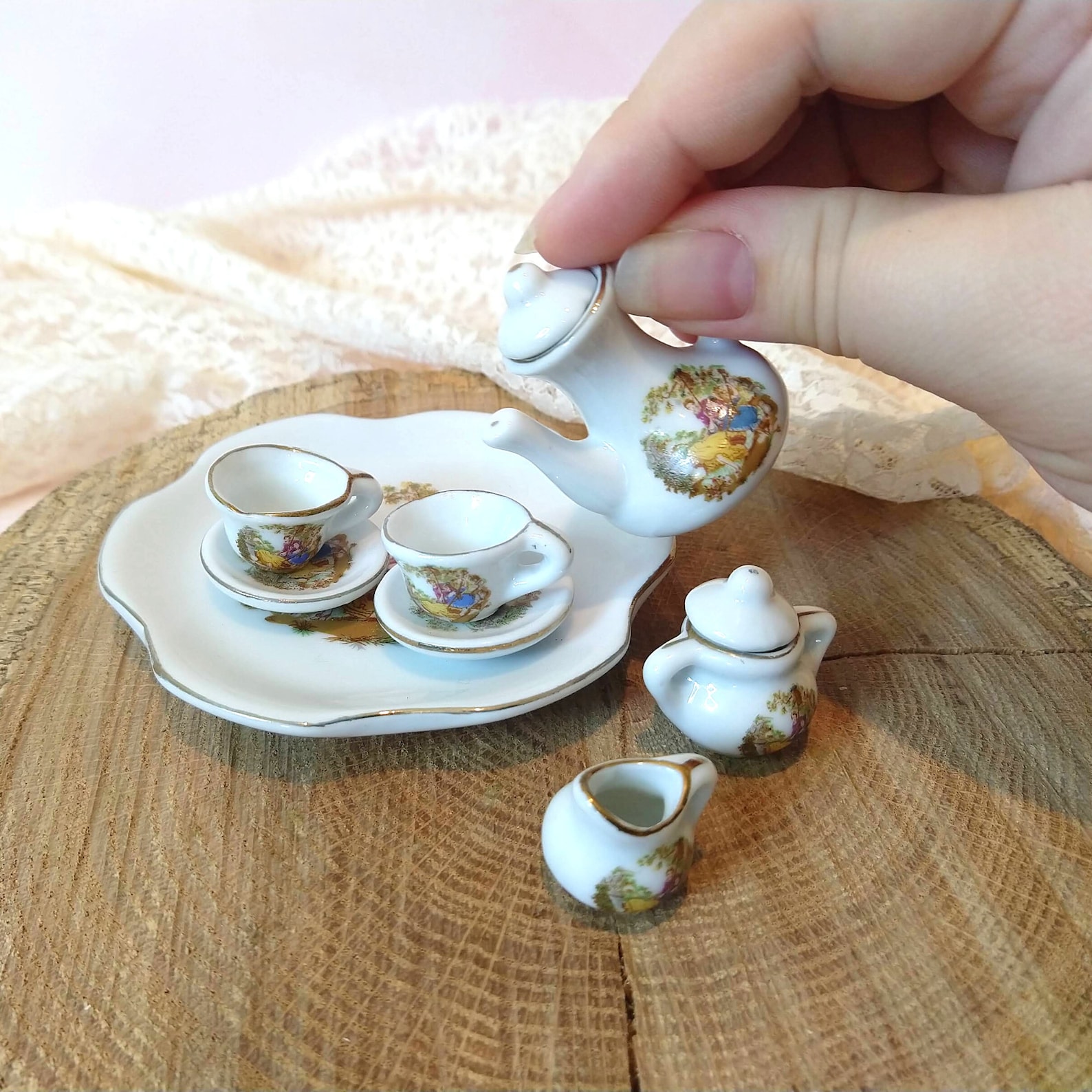 Vintage Dollhouse Miniature Tea Set, 10 Piece Set, Gold Trimmed ...