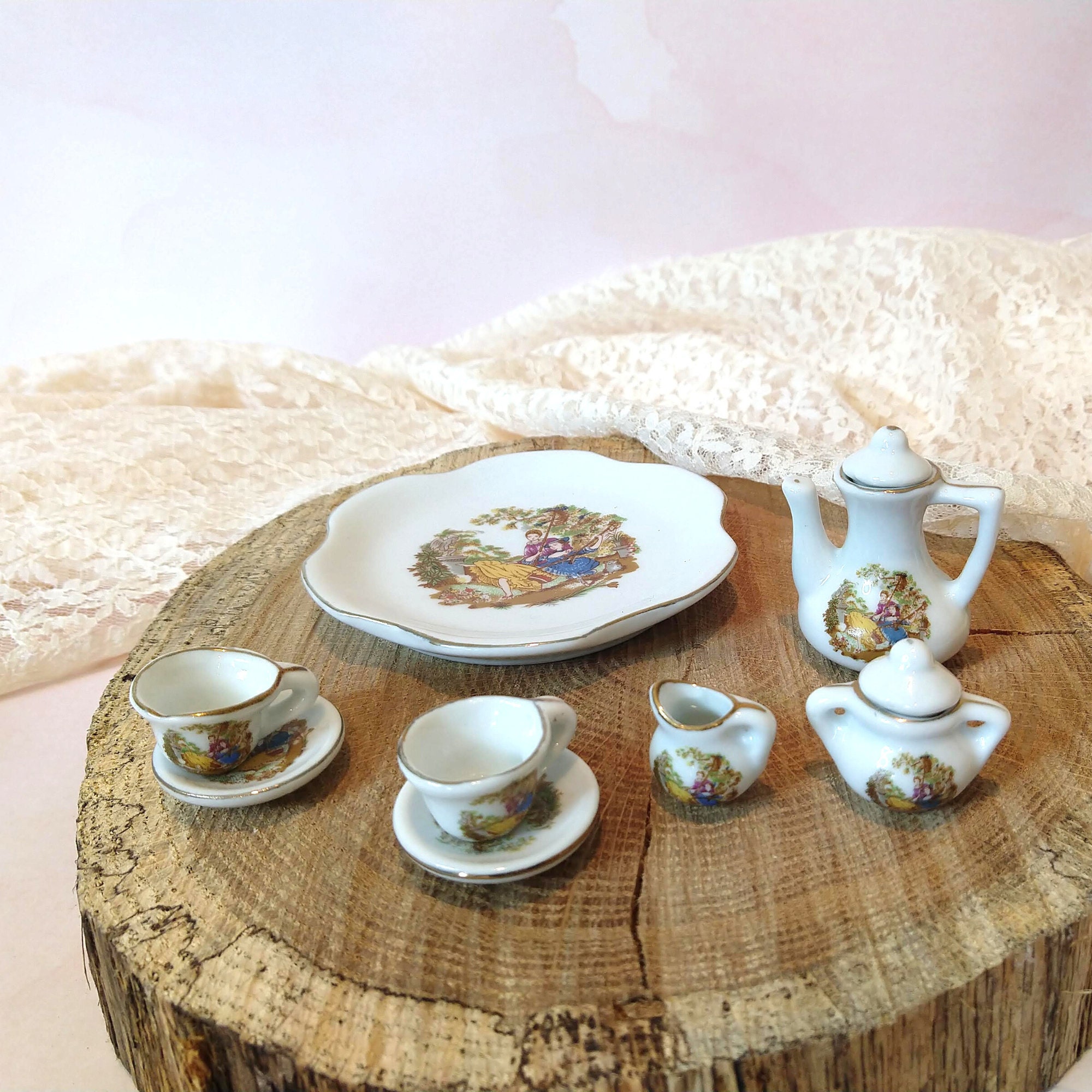 Vintage Dollhouse Miniature Tea Set, 10 Piece Set, Gold Trimmed ...