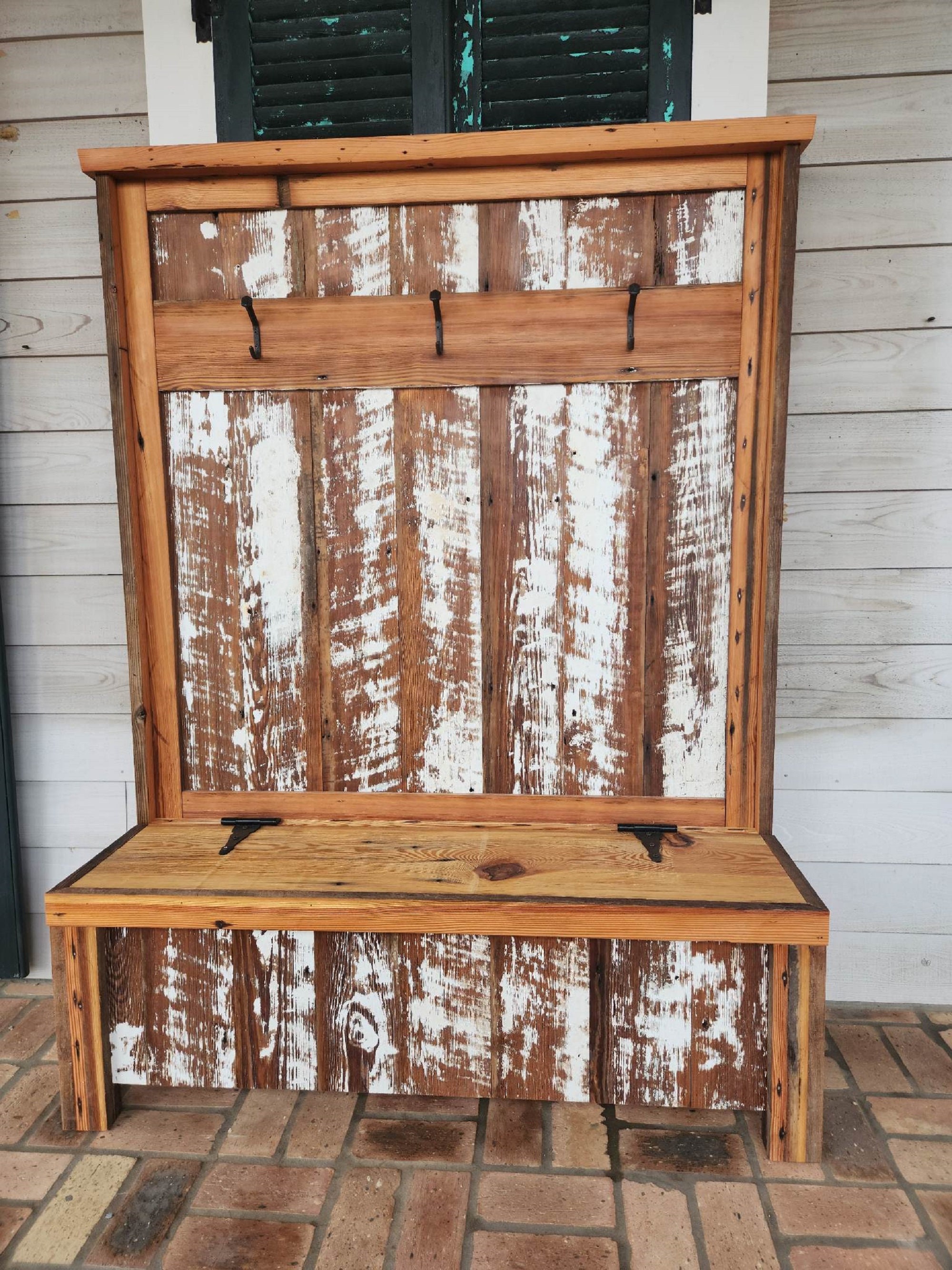 50" Wide Reclaimed Nearly 200yr Old Heart Pine Hall Tree With Bench and ...