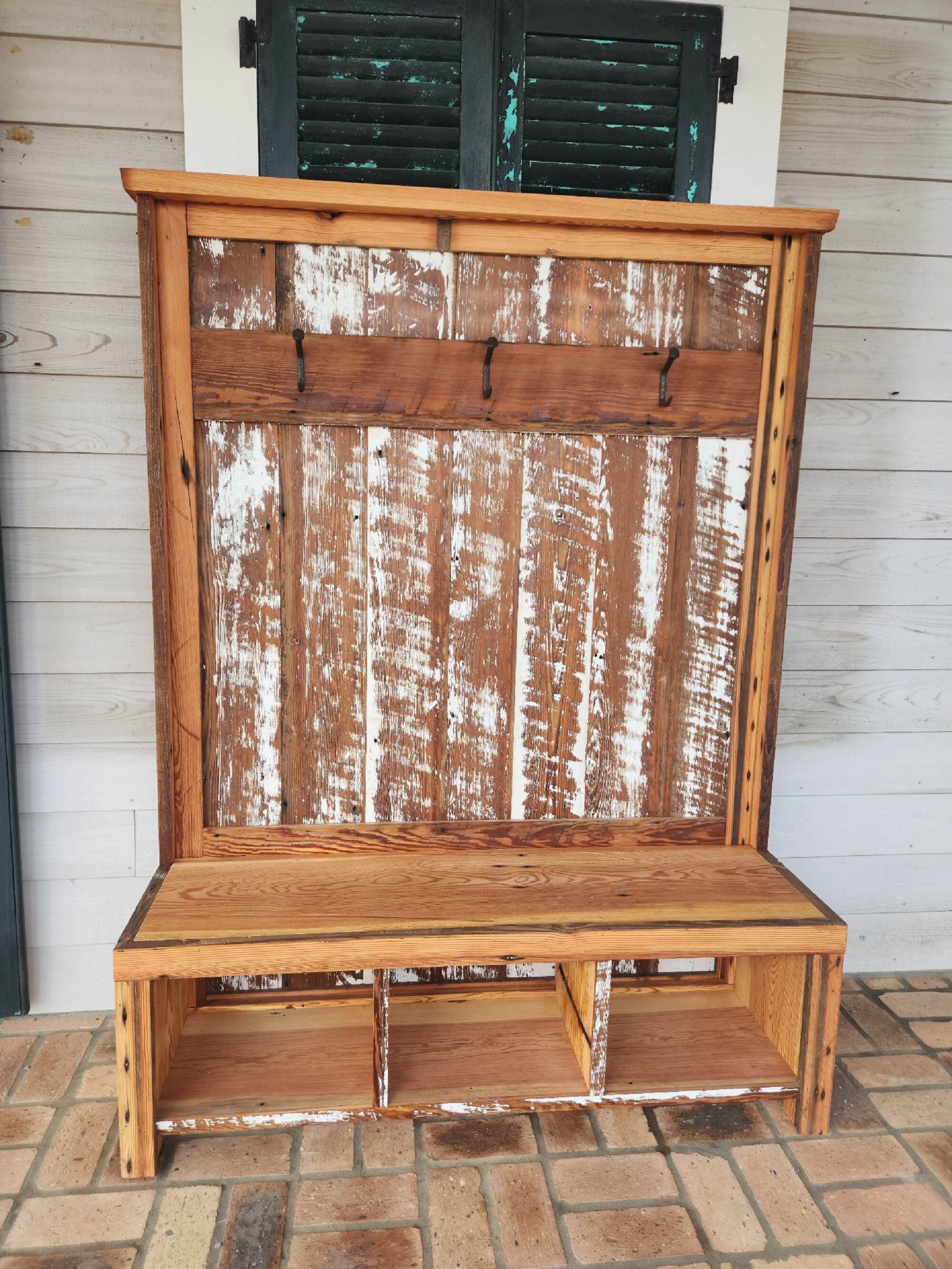 50" Wide Reclaimed 183 Yr Old Heart Pine Hall Tree With Bench and Shoe ...