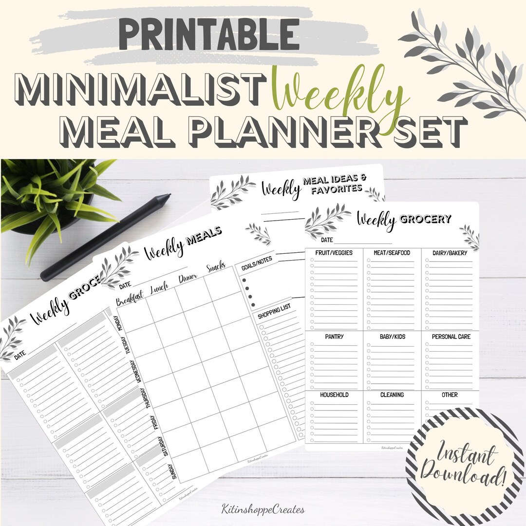 Weekly Meal Planner Minimalist Meal Planner Weekly Printable Meal ...