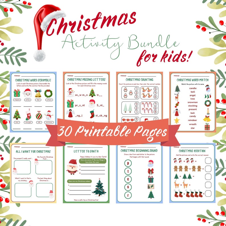 30 Printable Pages Christmas Activity Bundle for Kids Fun Christmas ...
