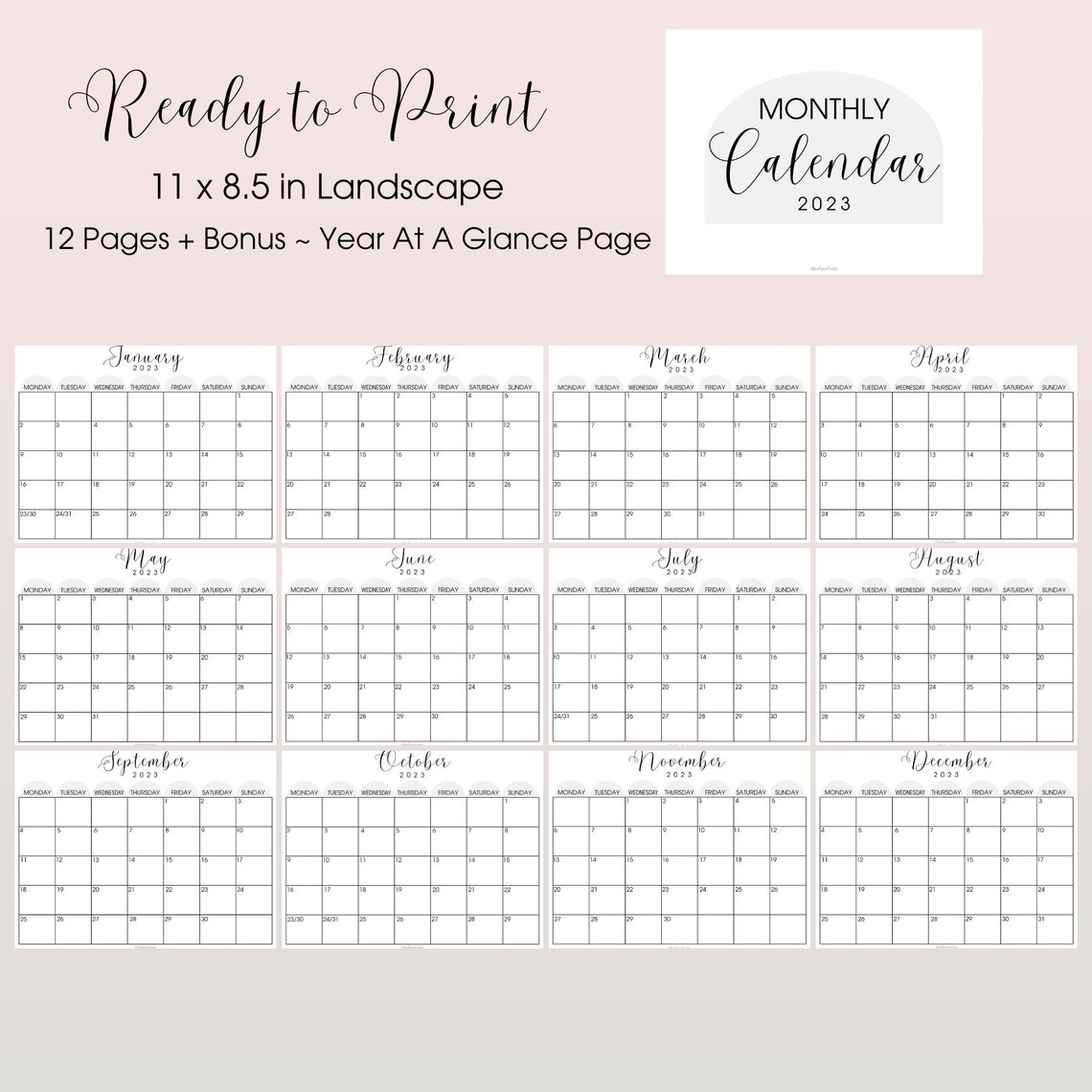 Printable Calendar 2023 Minimalist Calendar 2023 Landscape Minimalist ...