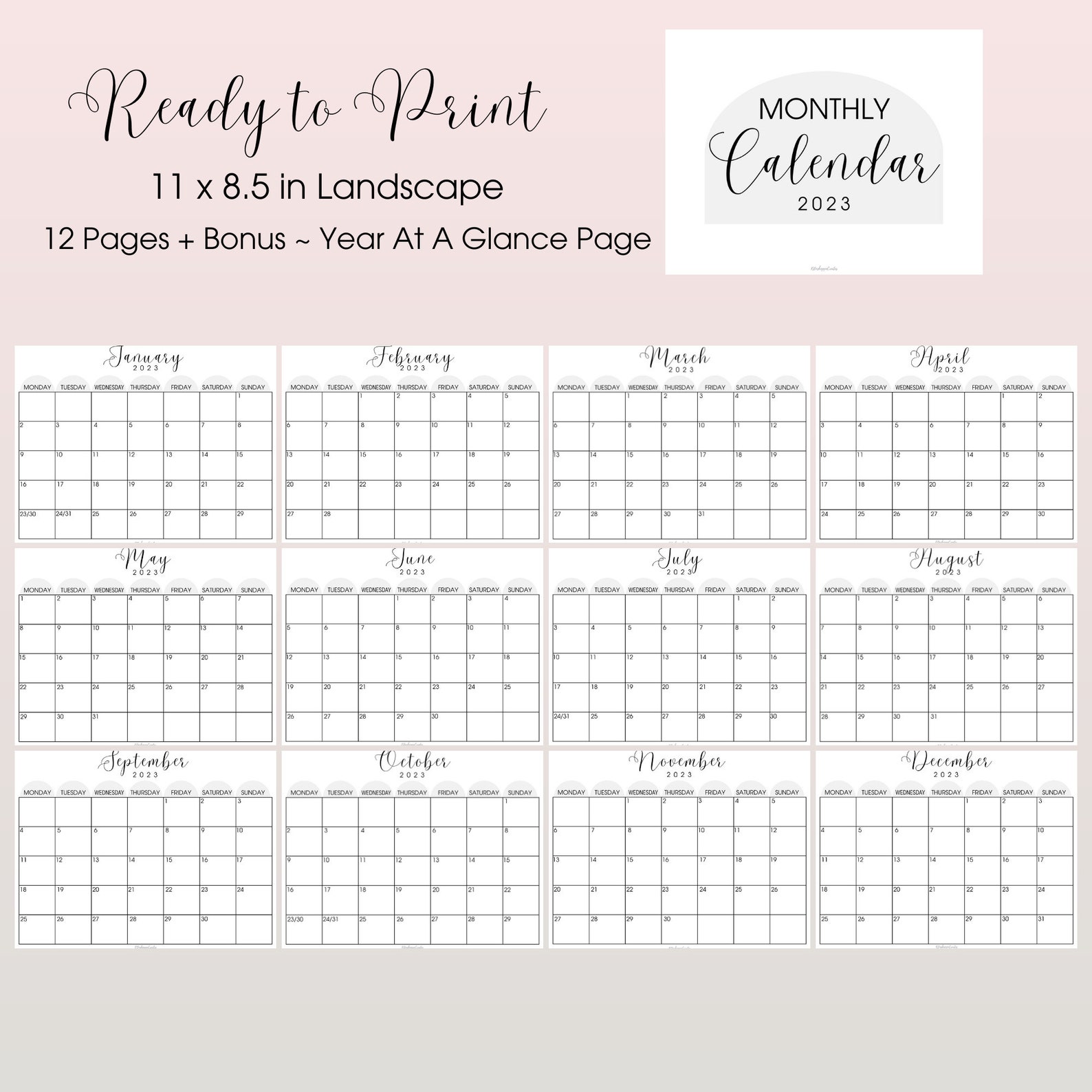 Printable Calendar 2023 Minimalist Calendar 2023 Landscape Minimalist ...