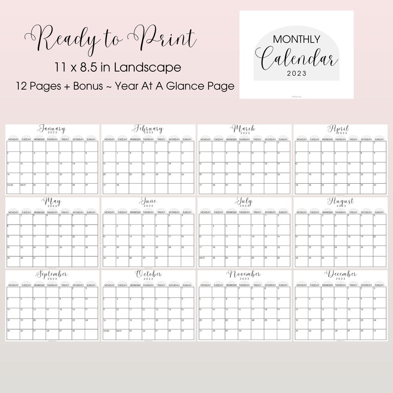 Printable Calendar 2023 Minimalist Calendar 2023 Landscape Minimalist ...