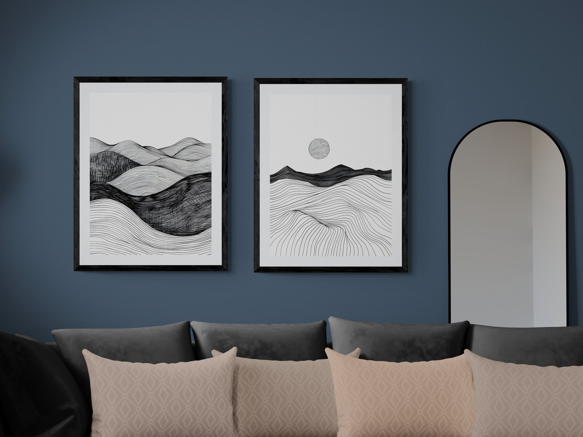 Abstract Minimalist Line Art Set of 2 Modern Black and White Wall Art ...