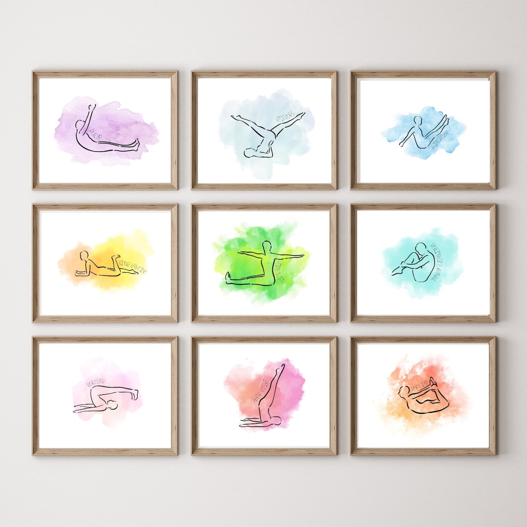 Set of 9 Pilates Exercises Art Prints in Color, Pilates Wall Art ...