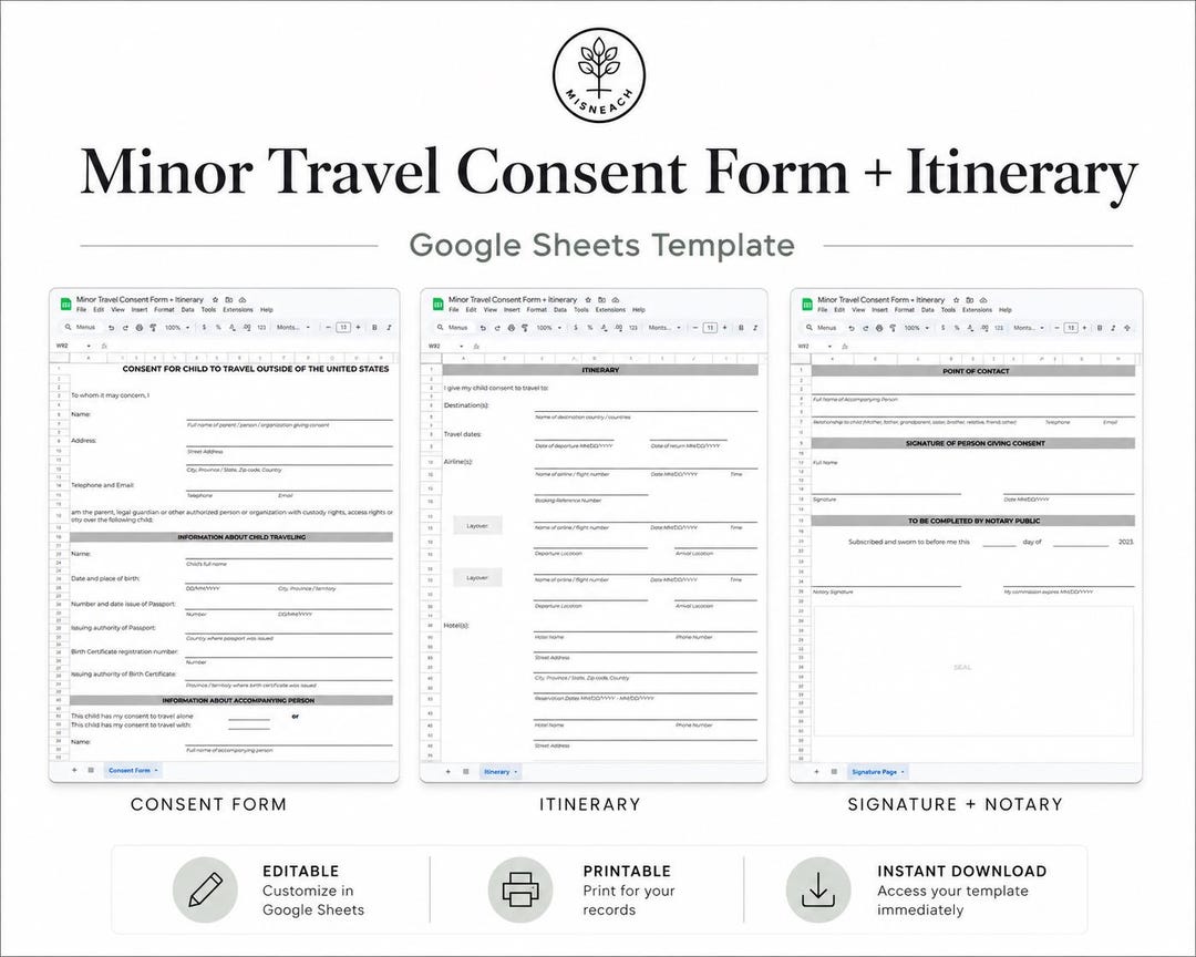 Minor Travel Consent Form + Itinerary | Child Travel Permission Letter ...