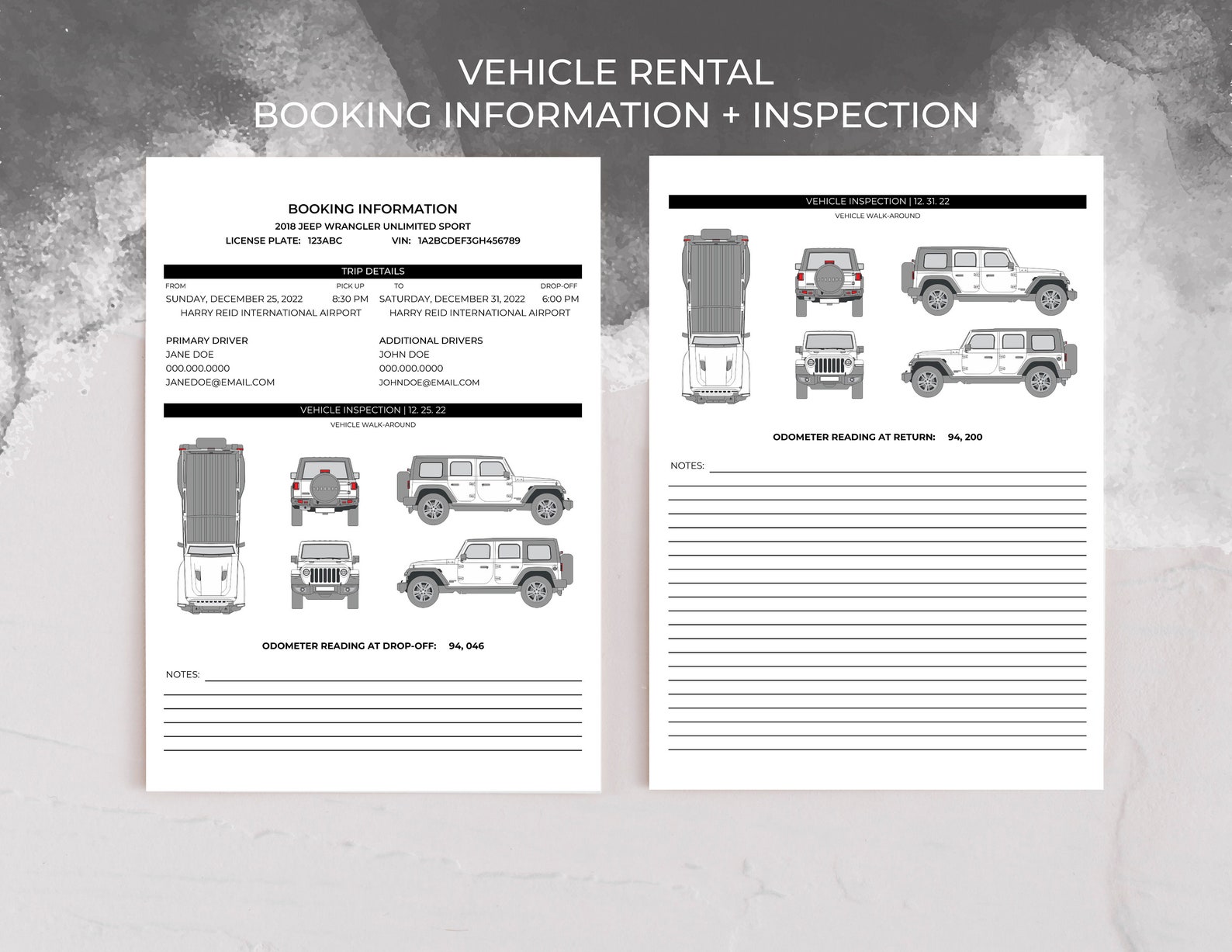 Printable Rental Vehicle Booking Information Vehicle Inspection Turo ...