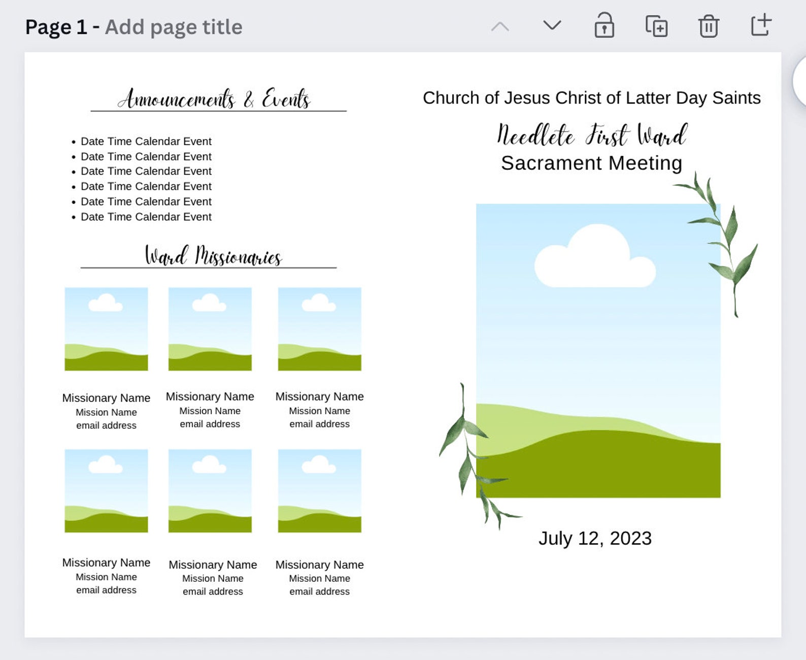 Subtle Greenery Sacrament Meeting Template Customizable in Canva, Bi ...