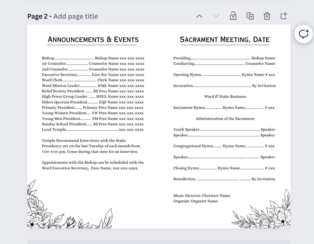Floral LDS Sacrament Meeting Template, Bi-fold, Customizable and ...