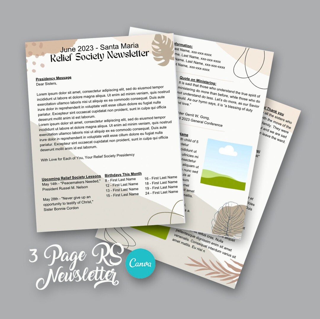 Boho-style Relief Society Newsletter, 3 Page Pdf Editable Canva ...