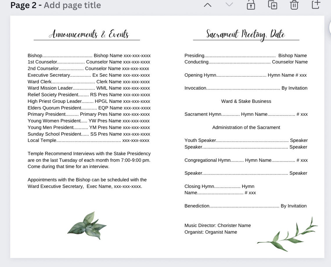 Subtle Greenery Sacrament Meeting Template Customizable in Canva, Bi ...