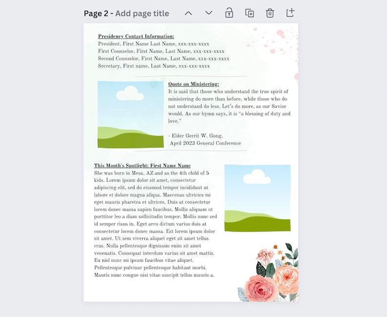 Floral Relief Society Newsletter, 3 Page Pdf Editable Canva Template - Etsy