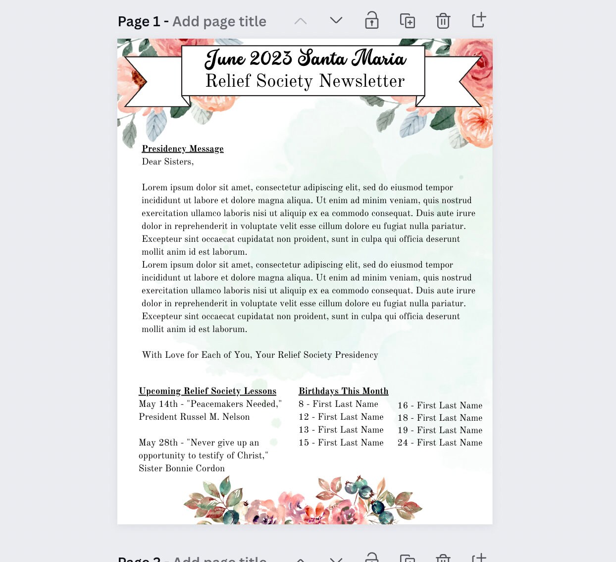 Floral Relief Society Newsletter, 3 Page Pdf Editable Canva Template - Etsy