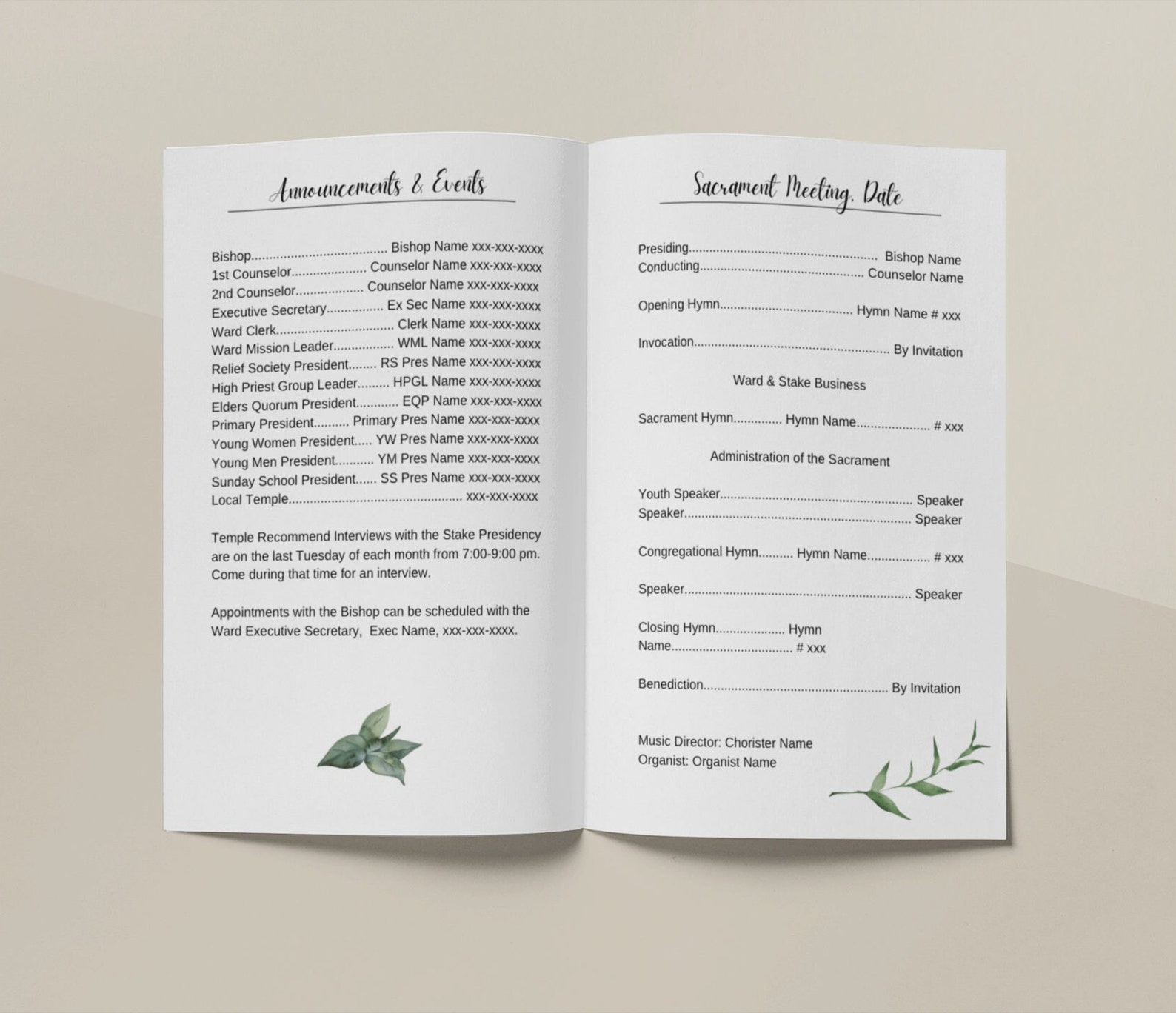 Subtle Greenery Sacrament Meeting Template Customizable in Canva, Bi ...