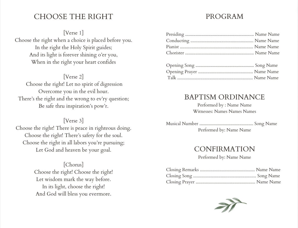 Subtle Greenery LDS Baptism Program, Customizable in Canva, Bi-fold - Etsy