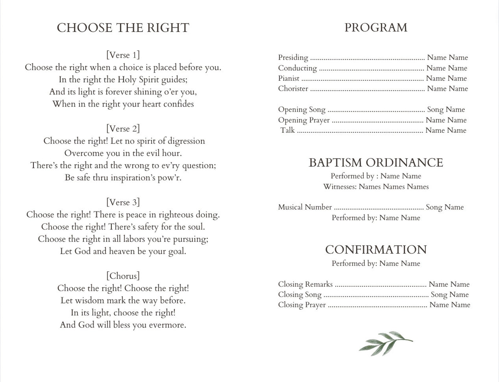 Subtle Greenery LDS Baptism Program, Customizable in Canva, Bi-fold - Etsy