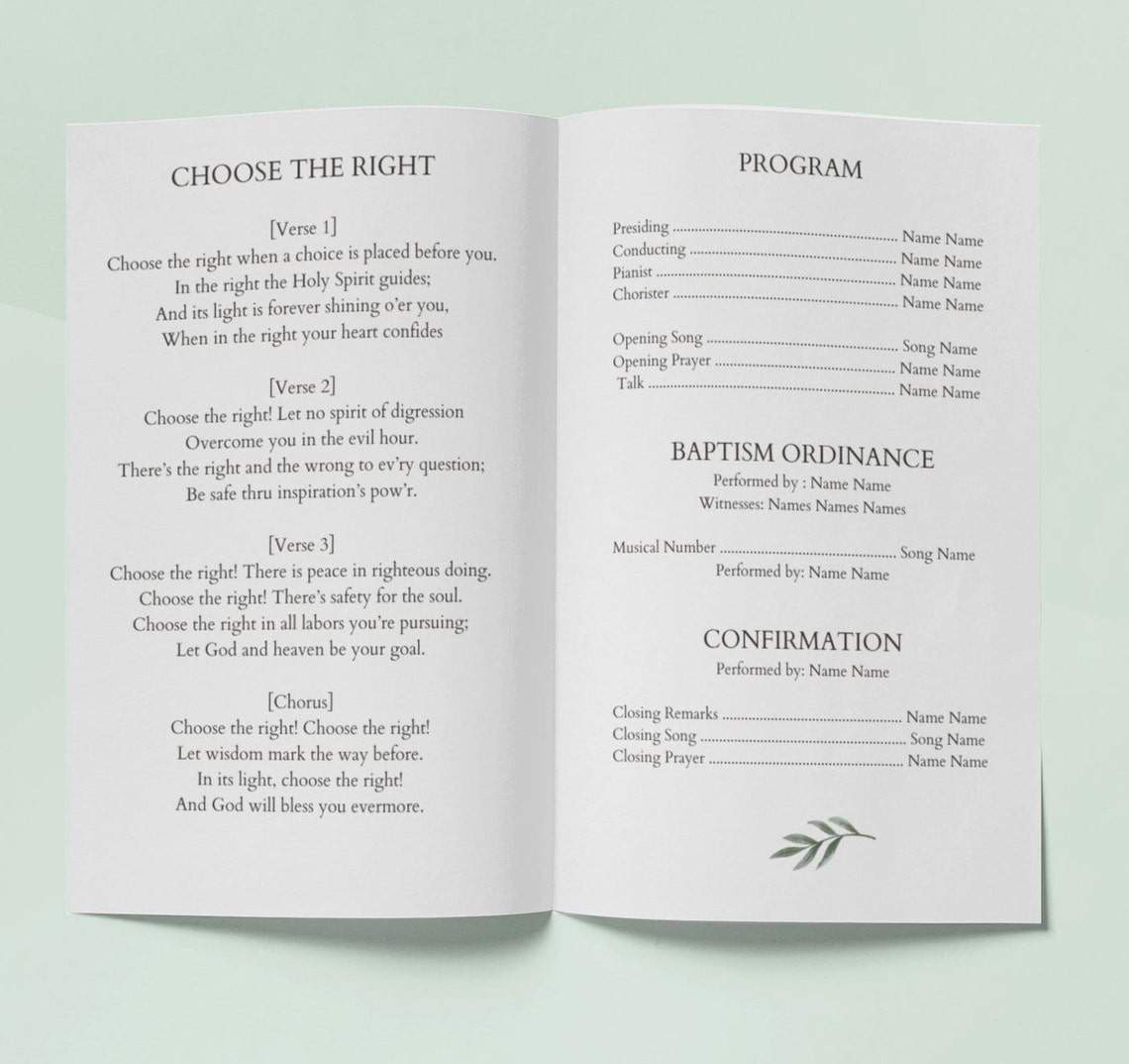 Subtle Greenery LDS Baptism Program, Customizable in Canva, Bi-fold - Etsy