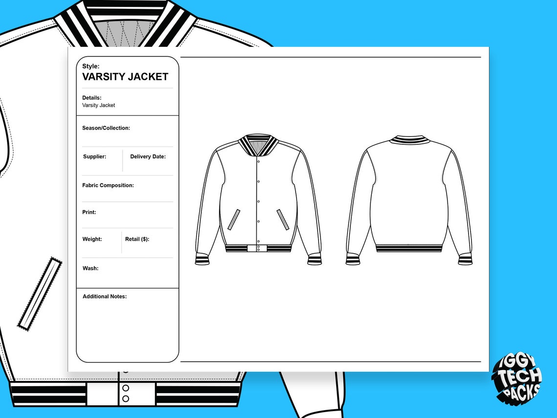 Varsity Jacket Tech Pack | Letterman Bomber Template | Fashion Flat ...