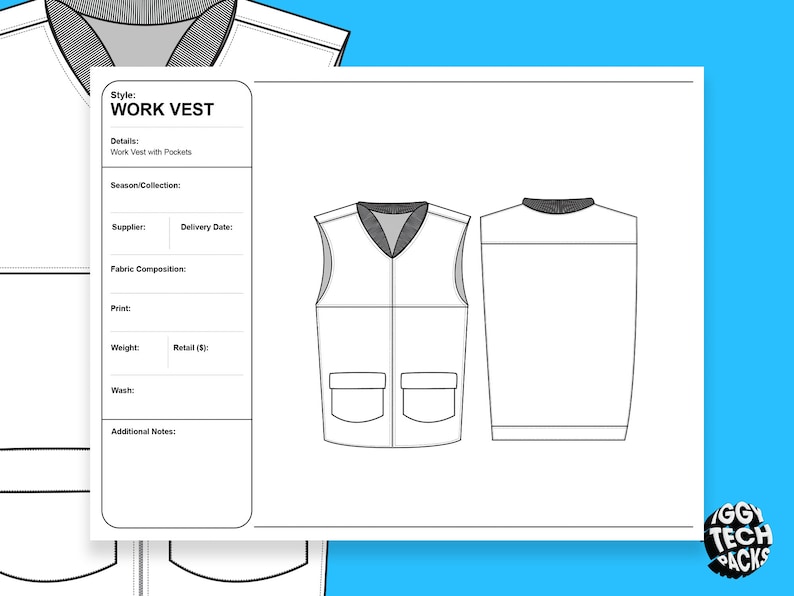Vest Tech Pack | Utility Work Vest Template | Fashion Flat Sketch Adobe ...