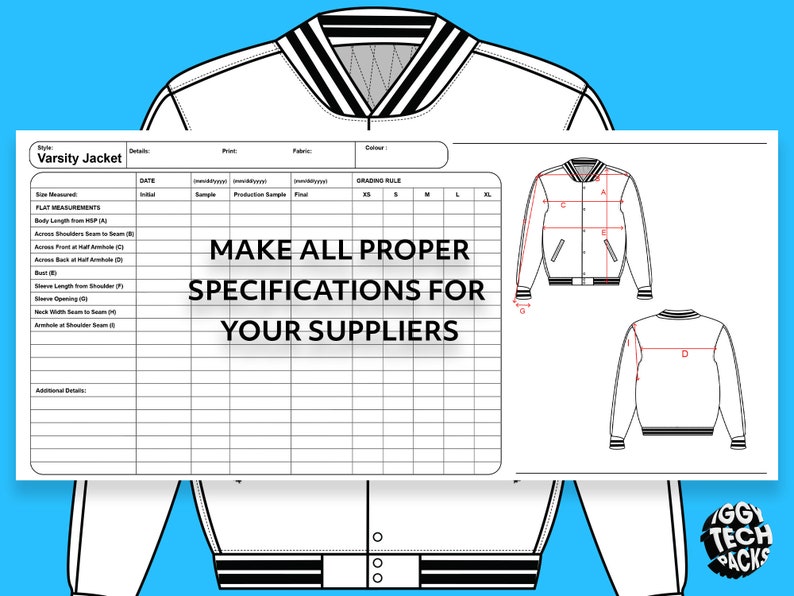 Varsity Jacket Tech Pack | Letterman Bomber Template | Fashion Flat ...