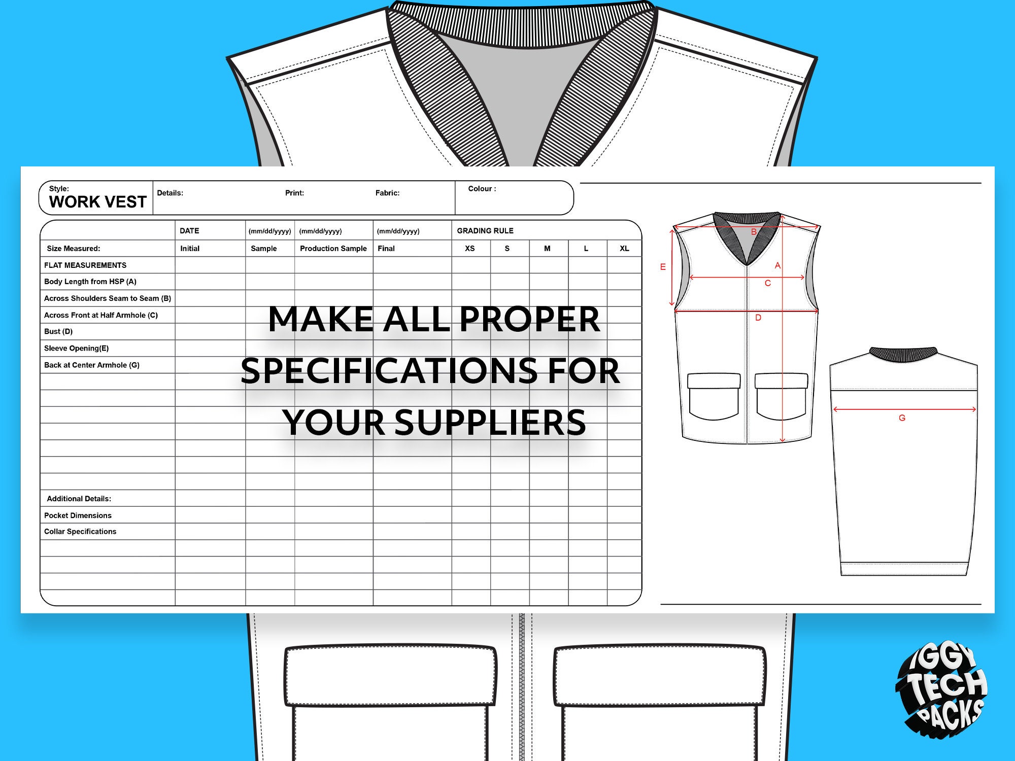 Vest Tech Pack | Utility Work Vest Template | Fashion Flat Sketch Adobe ...