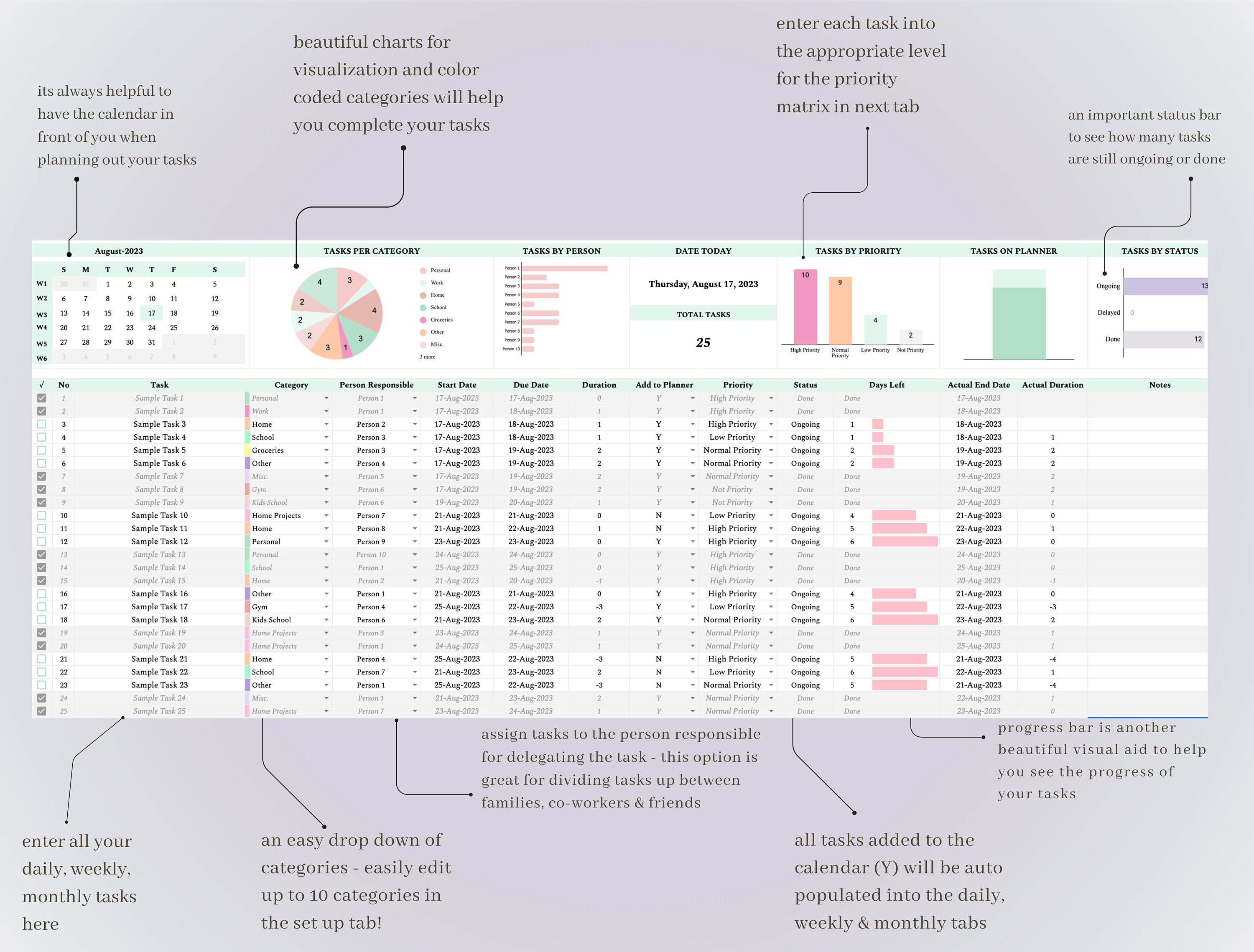 Excel to Do List Task Tracker Google Sheets Digital Daily Weekly ...