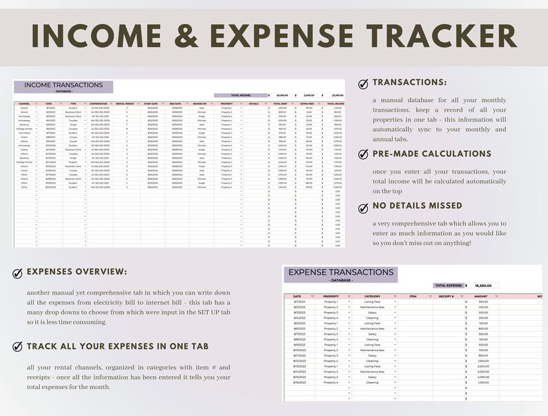 Airbnb Rental Income & Expense Budget Tracker Google Sheets Vacation Rental Property Spreadsheet ...