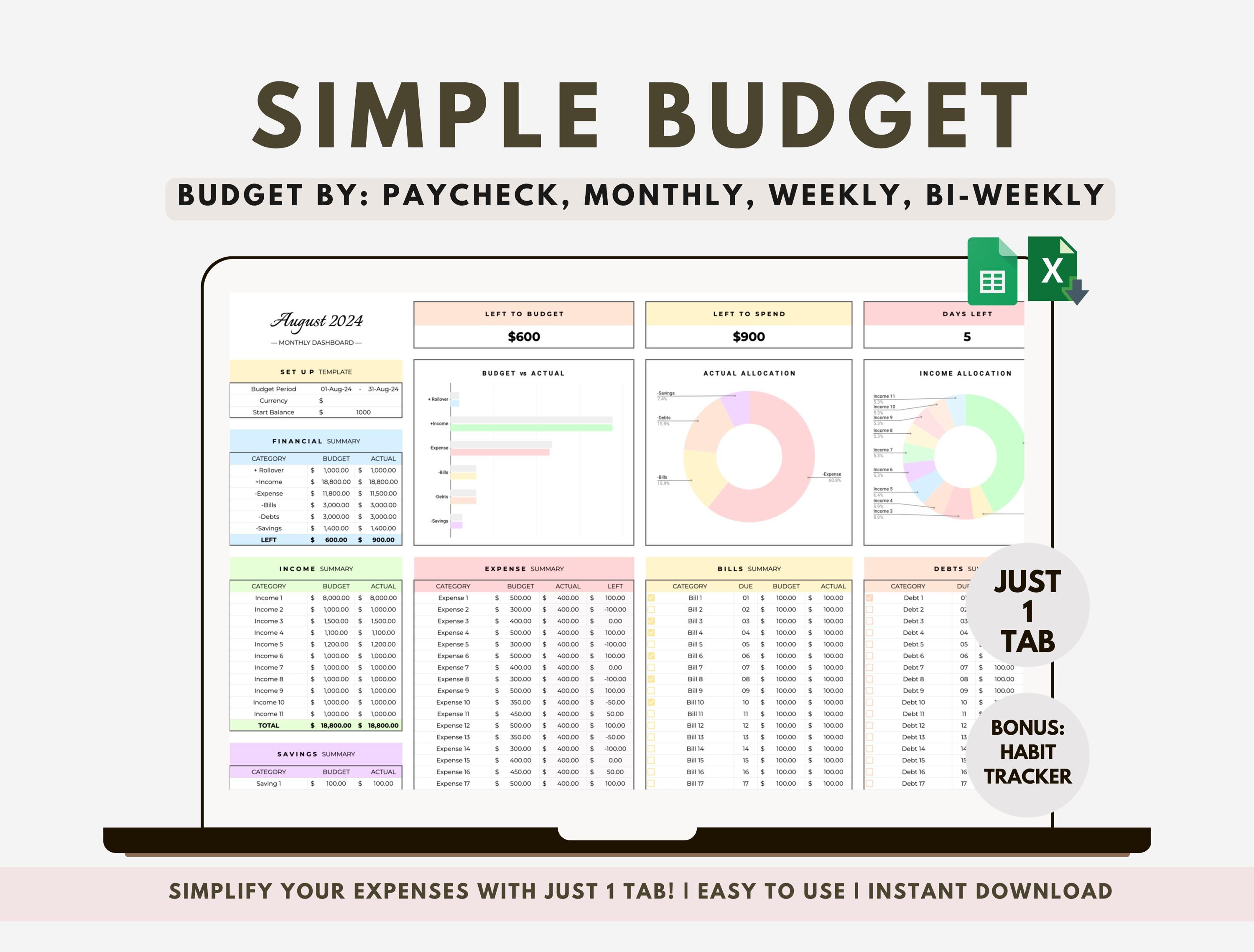 Budget Planner Google Sheet Monthly Excel Budget Spreadsheet Template ...