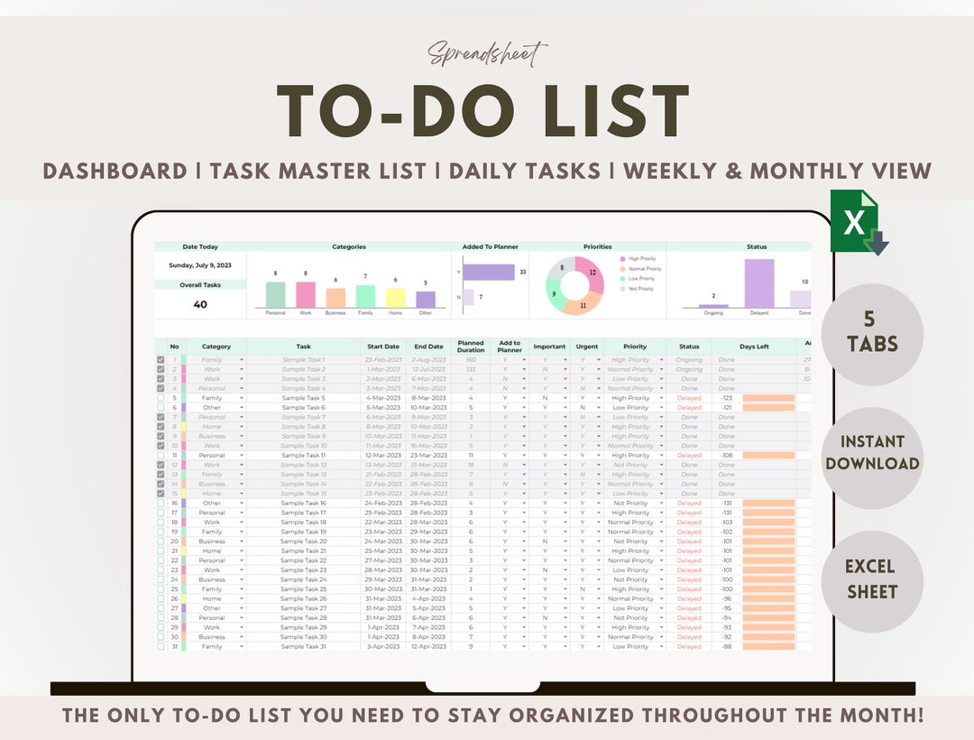 Excel to Do List Spreadsheet Task Tracker Google Sheet Task - Etsy Canada