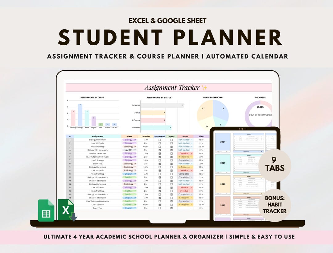 Assignment Tracker Student Homework Planner Google Sheets Excel 2024 ...