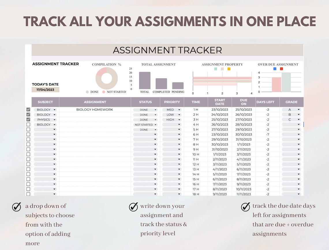 Assignment Tracker Student Homework Planner Google Sheets - Etsy