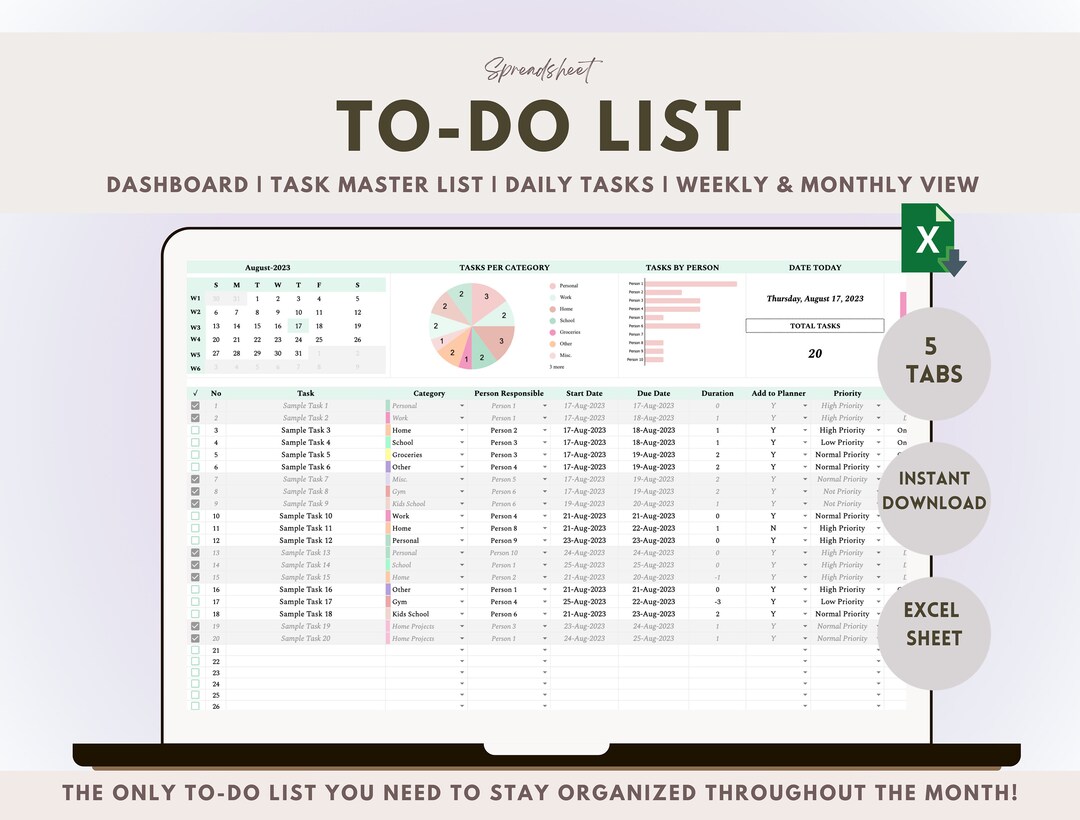 Excel to Do List Spreadsheet Task Tracker Google Sheet Task - Etsy
