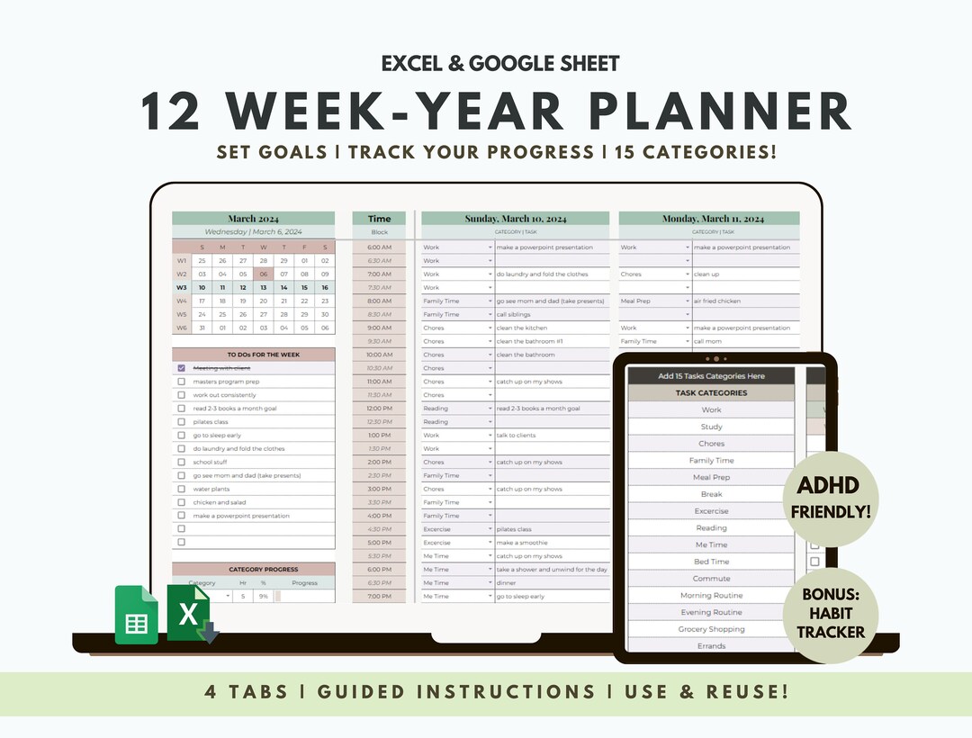 12 Week Year Goal Planner Google Excel Spreadsheet, Goal Tracker, Time ...