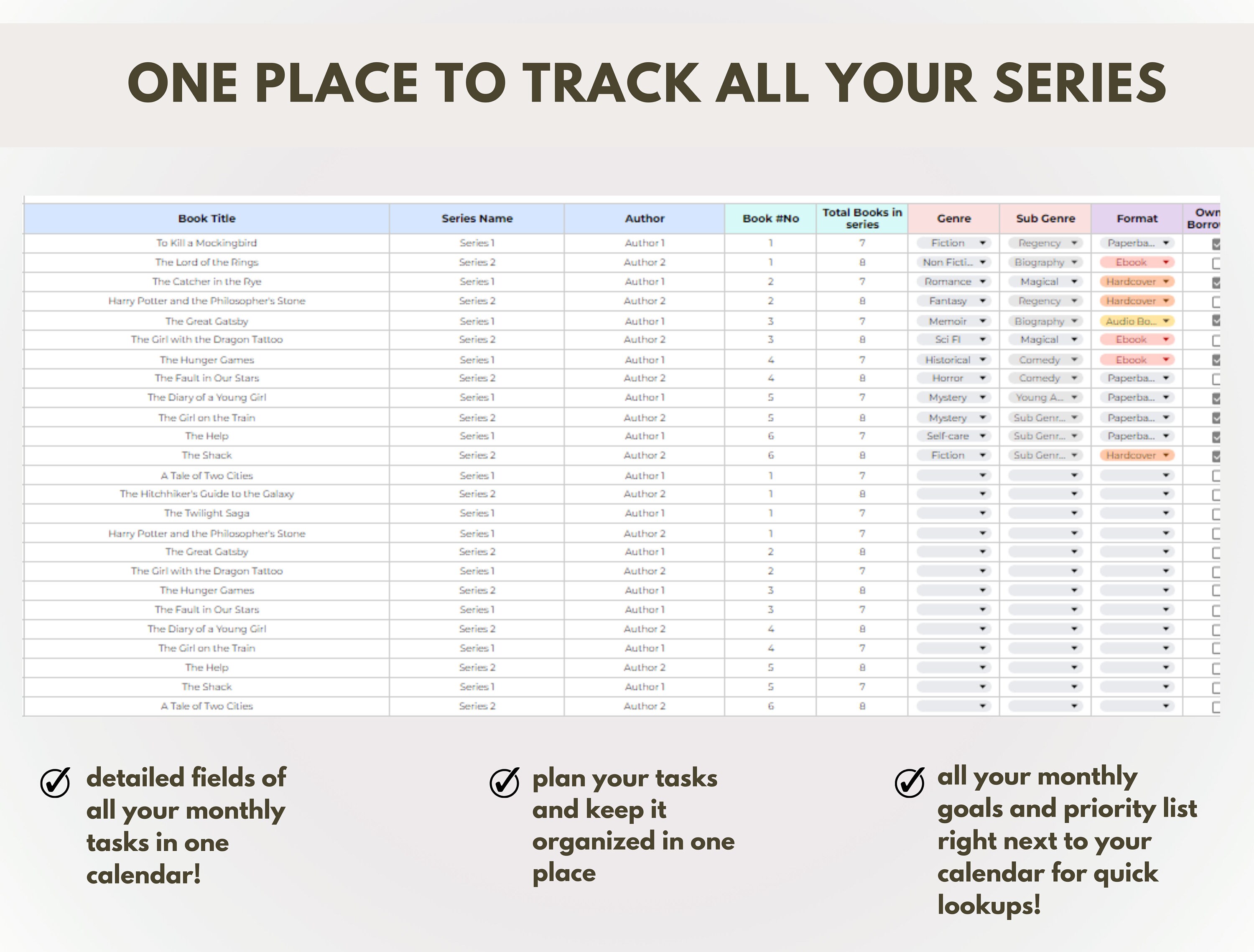 Book & Reading List Tracker Google Excel Spreadsheet Series Tracker ...