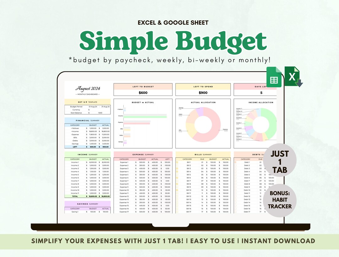 Budget Planner Excel Google Spreadsheet, Monthly Savings Budget ...