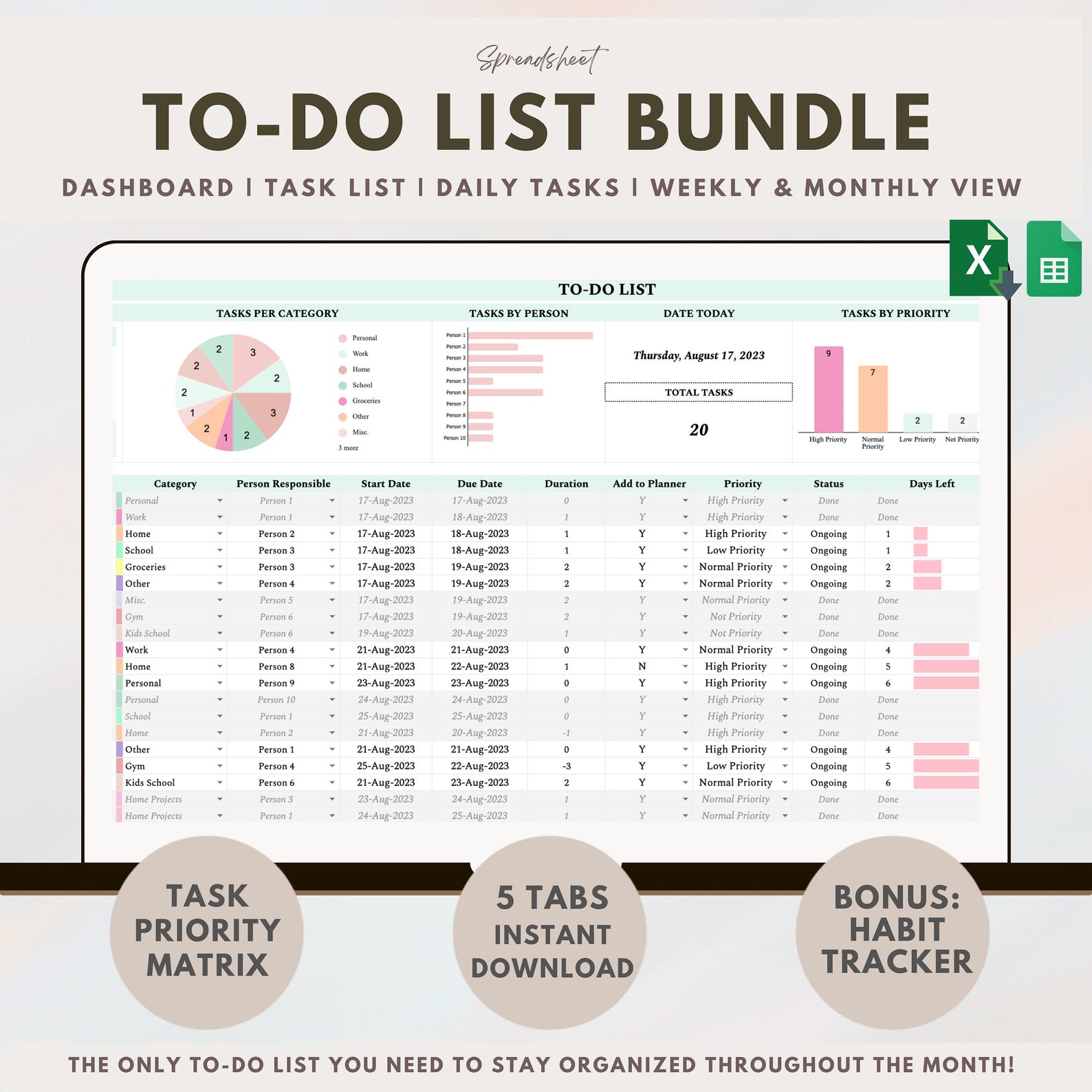 Excel to Do List Spreadsheet Task Tracker Google Sheet Task Manager ...