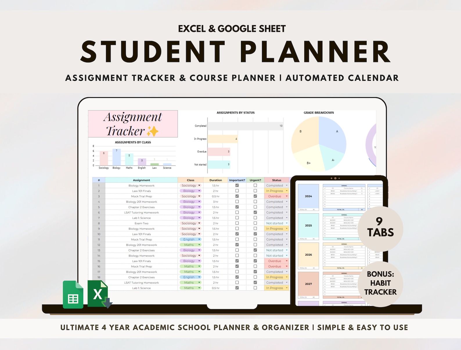 Assignment Tracker Student Homework Planner Google Sheets Excel 2024 ...