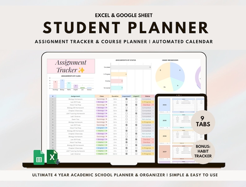 Assignment Tracker Student Homework Planner Google Sheets Excel 2024 ...