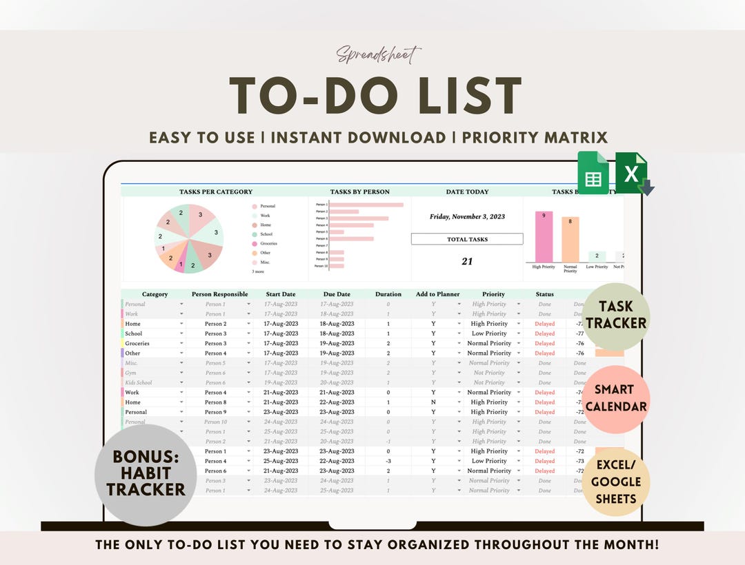 Excel to Do List Spreadsheet Task Tracker Google Sheet Task Manager ...